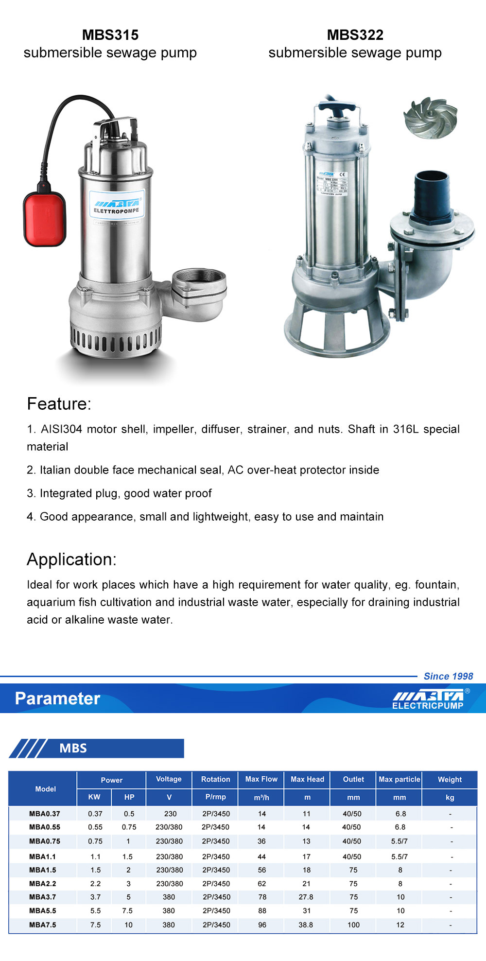 60Hz MBS Stainless Steel Submersible Sewage Pump Submersible Pump