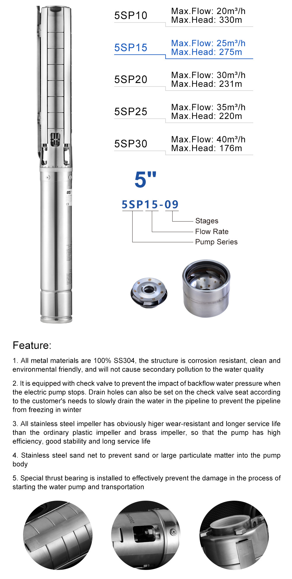 Mastra 5 inch stainless steel submersible pump xylem ac pump 5SP series ...