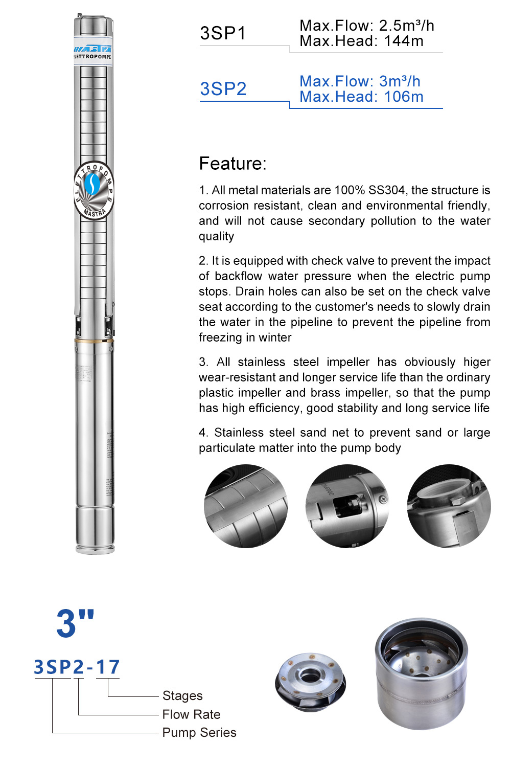 Mastra 3 inch stainless steel Submersible Pump - 3SP series 2 m³/h rated flow Submersible water ...